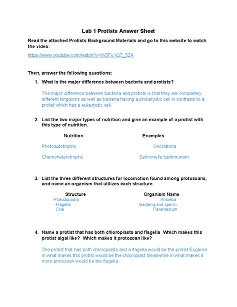 Lab 1 Protists Answer Sheet Lab 1 Protists Answer Sheet Read The Attached Protists Background