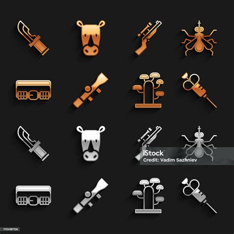 스나이퍼 광학 조준경 모기 주사기 아프리카 나무 사냥 카트리지 벨트 스코프가 있는 소총 헌터 나이프 및 코뿔소 아이콘을