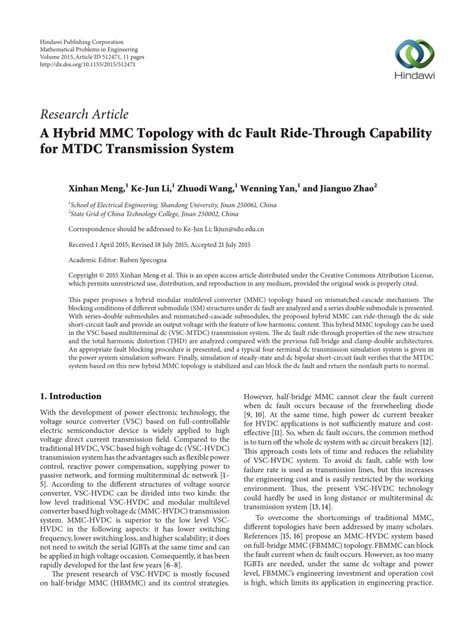 Pdf A Hybrid Mmc Topology With Dc Fault Ride Through Capability For Mtdc Transmission System