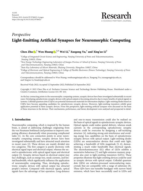 Pdf Light Emitting Artificial Synapses For Neuromorphic Computing