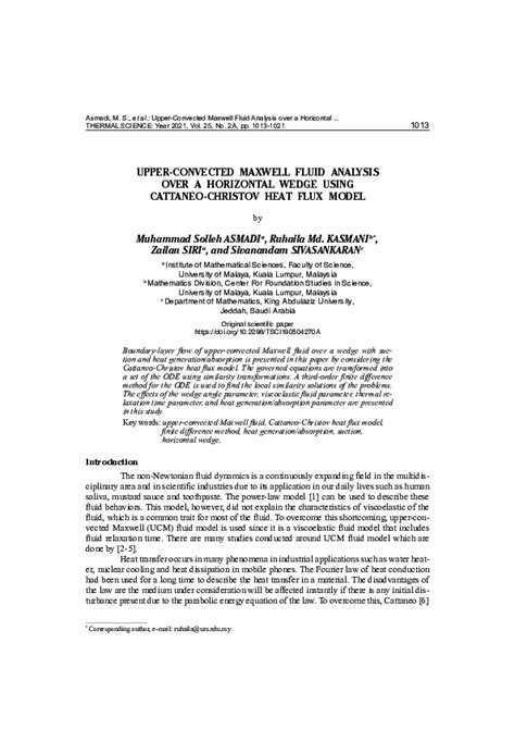 Pdf Upper Convected Maxwell Fluid Analysis Over A Horizontal Wedge