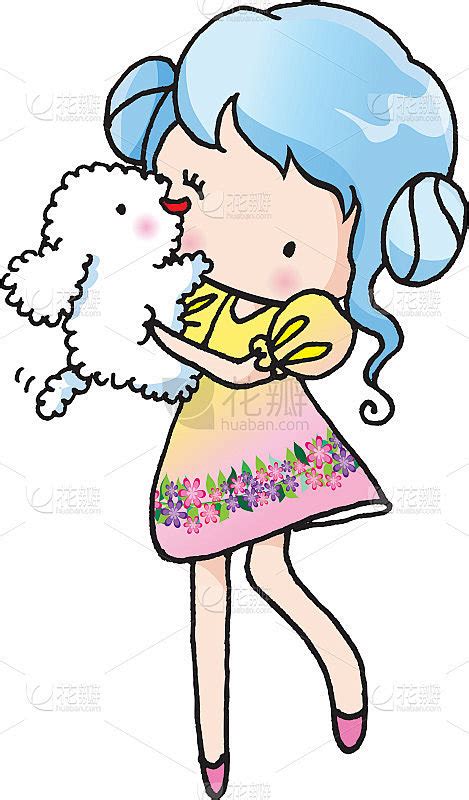 向量卡通女孩与小狗小狗宠物