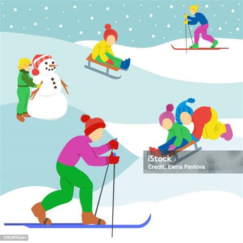 야외에서 재생 어린이 썰매 남자 스키 눈사람을 만드는 소녀 썰매타기에 대한 스톡 벡터 아트 및 기타 이미지 썰매타기 12월 겨울 Istock