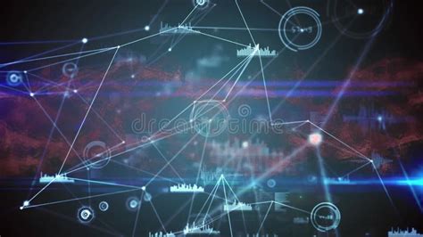 Animation Of Connected Dots And Graphs Icons With Lens Flare Moving