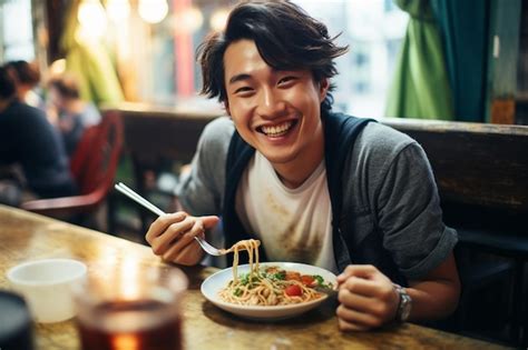 Premium Photo Photo Portrait Of Happy Young Asian Man Enjoys Noodles