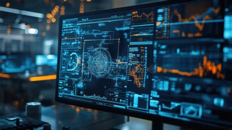 Computer Screen Showing Futuristic User Interface With Graphs Charts And Data Visualizations