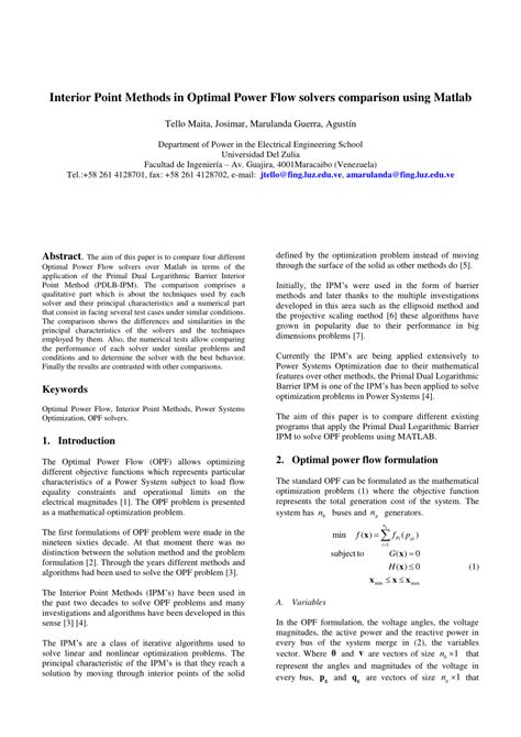 Pdf Interior Point Methods In Optimal Power Flow Solvers Comparison