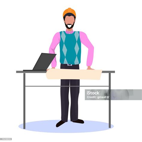 헬멧 드로잉 청사진 건물 계획 노트북 패닝 프로젝트 개념 행복 한 엔지니어 직장 사무실 워크샵 화가 스튜디오 전체 길이 플랫에서