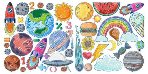 Space Objects In Pencil Colour Sketch Simple Style Stock Vector