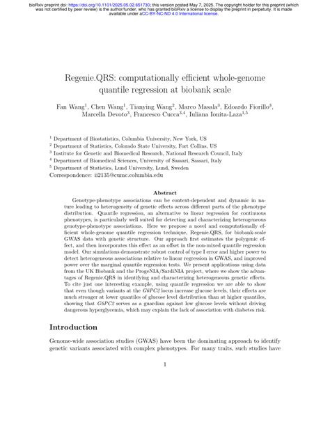Pdf Regenieqrs Computationally Efficient Whole Genome Quantile Regression At Biobank Scale
