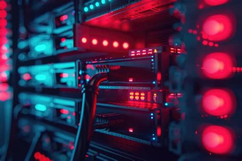 Rack Of Servers With Red And Blue LED Lights Used In Data Centers Or Server Rooms Premium AI