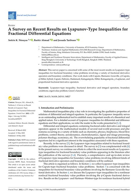 Pdf A Survey On Recent Results On Lyapunov Type Inequalities For Fractional Differential Equations