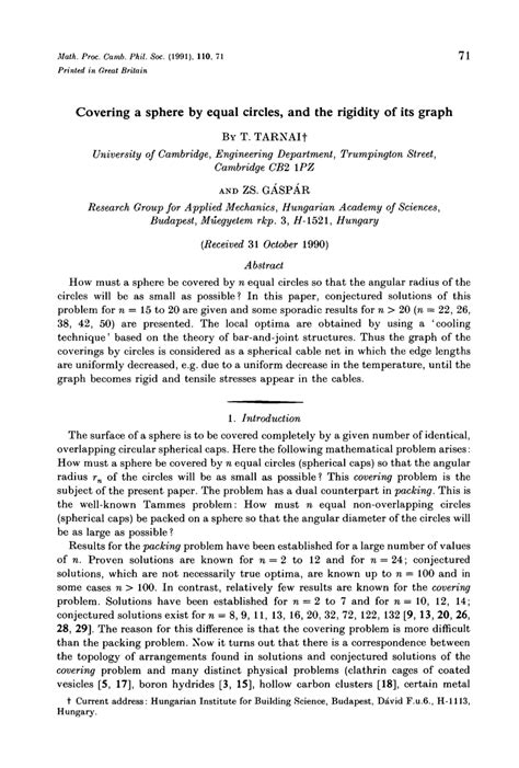 Pdf Covering A Sphere By Equal Circles And The Rigidity Of Its Graph