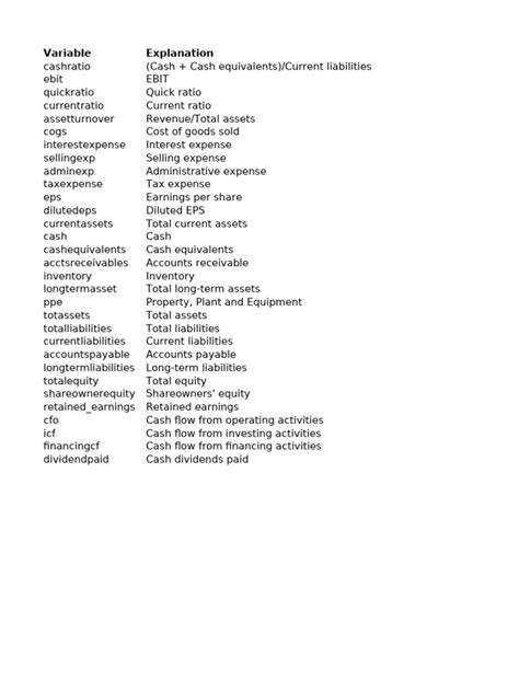Variable Explanations Pdf