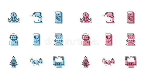 Set Line Robot Drone Flying With Action Camera And Digital Time Manager Assembly Line Bot