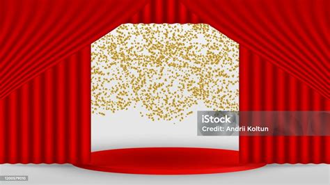 빈 극장 현실적인 3d 무대는 황금 색종이와 빨간 커튼과 연단으로 조롱 시네마 화이트 스크린 배경입니다 벡터 일러스트레이션 전경에 대한 스톡 벡터 아트 및 기타 이미지