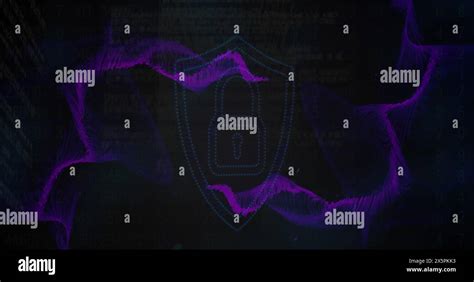 Image Of Wave Patterns Over Computer Language Against Padlock In Shield