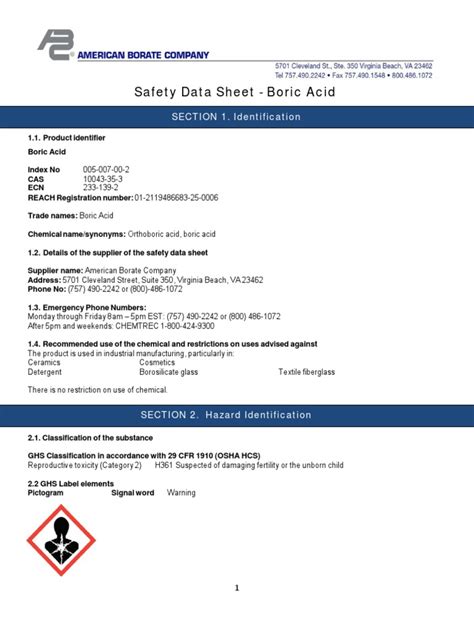 Boric Acid American Borate Co Sds Pdf Toxicity Dangerous Goods