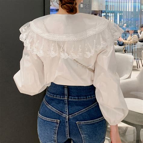 다미님 2컬러 세라 셔츠 카라 셔링 프릴 벌룬 퍼프 긴팔 블라우스 티셔츠 니트 레이스 결혼식 하객룩 레이스 스트링 스트랩 끈