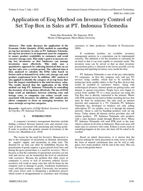 Application Of Eoq Method On Inventory Control Of Set Top Box In Sales