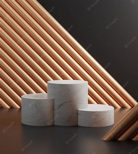 3d 렌더링 대리석 연단 장면과 검정색 배경에서 골드 알루미늄 3 기통 고급스러운 미니멀리스트 모형 프리미엄 사진