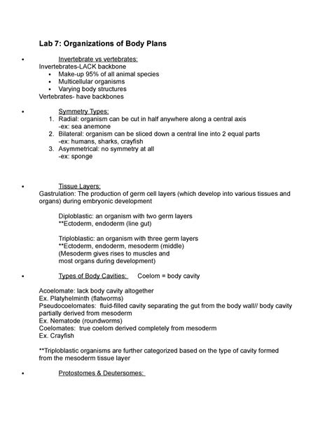Bio Lab Notes From Lab In Biodiversity Lab Organizations Of Body Plans Invertebrate