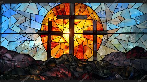 Captivating Stained Glass Window Three Crosses On Hill Ai Image