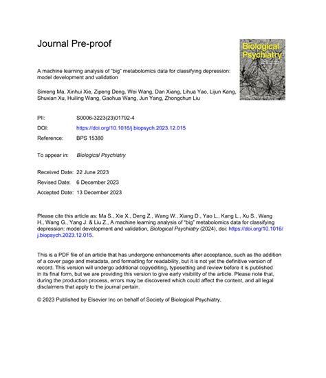 Pdf A Machine Learning Analysis Of Big” Metabolomics Data For Classifying Depression Model