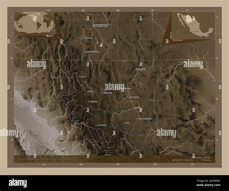 Chihuahua State Of Mexico Elevation Map Colored In Sepia Tones With