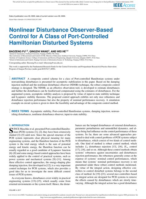 Pdf Nonlinear Disturbance Observer Based Control For A Class Of Port Controlled Hamiltonian
