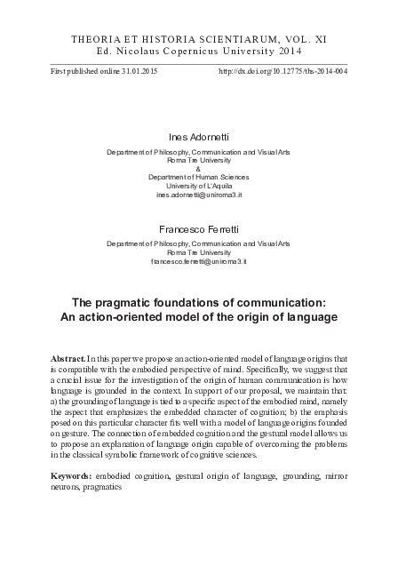 Pdf The Pragmatic Foundations Of Communication An Action Oriented Model Of The Origin Of Language