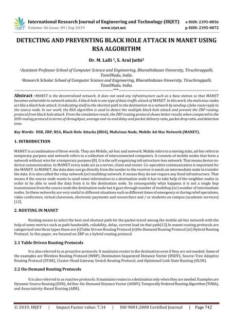 Irjet Detecting And Preventing Black Hole Attack In Manet Using Rsa Algorithm Pdf