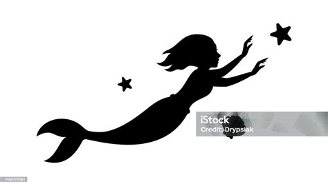 머메이드 블랙 실루엣 꼬리를 가진 작은 생물 마법의 인어 로고 물 속의 신화 속 이야기 캐릭터 0명에 대한 스톡 벡터 아트 및