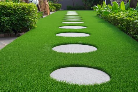 The Garden Features A Curved Path Leading Through A Lawn Of Green Grass And Walkway Tiles Stock