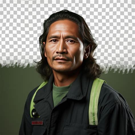 소방관 의 옷 을 입은 동남아시아 민족 의 긴 머리 를 가진 조용 한 중년 남자 가 파스텔 녹색 배경 에 부드러운 시선 과 기울어진 머리 스타일 로 포즈 를 취 하고 있다