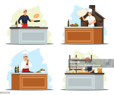 레스토랑 주방 일러스트 세트에서 요리사 요리 향신료와 야채 샐러드 피자 팬케이크 빵을 굽는 고기 마스터 요리 식사 전문 요리 쇼 벡터 피자에 대한 스톡 벡터 아트 및 기타