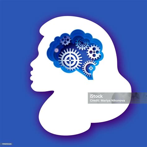종이 컷 스타일로 여자를 생각 종이 접기 레이디 브레인 스토밍입니다 뇌 기어 및 톱니바퀴가 함께 작동합니다 종이 접기 두뇌와 사고 과정 좋은 생각 뇌 활동 통찰력 파란색