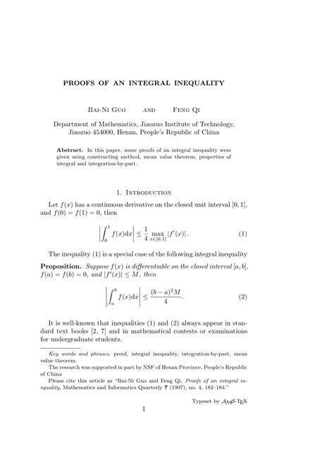 Pdf Proofs Of An Integral Inequality