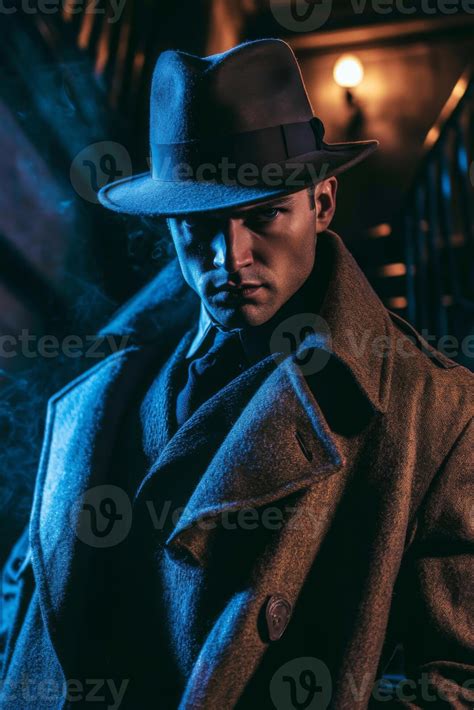 Portrait Of Detective Wearing Trench Coat And Fedora Hat 55313599 Stock