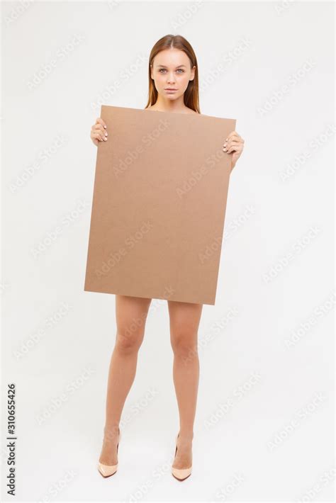 Naked Woman With Billboard Over White Nude Woman Holding Copy Space Stock Photo Adobe Stock
