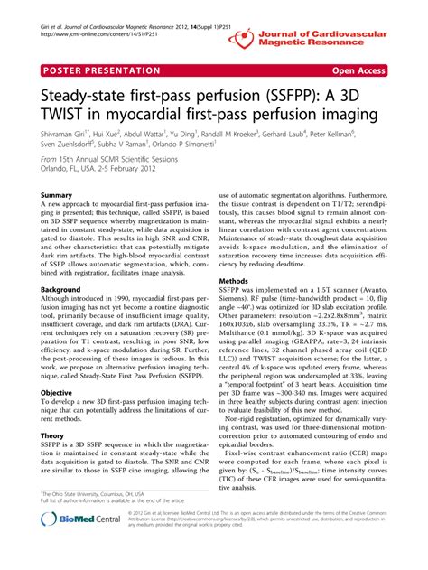 Pdf Steady State First Pass Perfusion Ssfpp A 3d Twist In