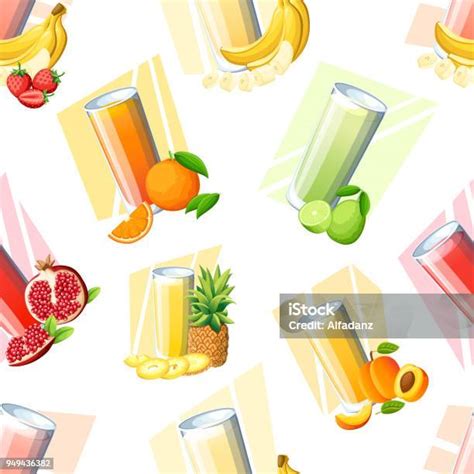 주스와 스무디의 완벽 한 패턴입니다 신선한 과일 음료 유리에 복숭아 딸기 바나나 라임 석류 오렌지 파인애플 벡터 일러스트 레이 션 흰색 배경에 고립 0명에 대한 스톡 벡터