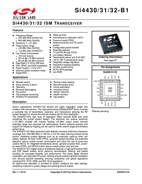 Si4432 Datasheet Si4432siliconlabspdf Ism Transceiver Silicon Labs