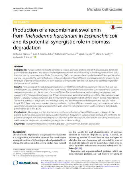 Pdf Production Of A Recombinant Swollenin From Trichoderma Harzianum In Escherichia Coli And