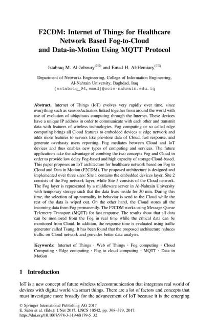 F2cdm Internet Of Things For Healthcare Network Based Fog To Cloud And Data In Motion Using