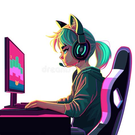 Girl Gamer Or Streamer With A Headset Sits In Front Of A Computer Stock Illustration