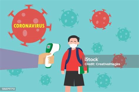 มือของคนวัดอุณหภูมิของเด็กนักเรียน ภาพประกอบสต็อก ดาวน์โหลดรูปภาพ