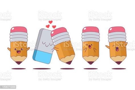 흰색 배경에 격리 된 귀여운 연필과 지우개 벡터 만화 캐릭터 감정에 대한 스톡 벡터 아트 및 기타 이미지 감정 개념 개체 그룹 Istock