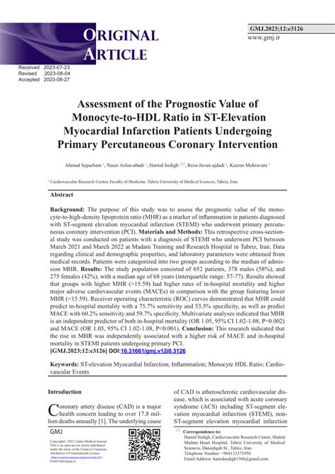 PDF Evaluation Of The Prognostic Value Of Monocyte To HDL Ratio MHR In Primary PCI STEMI