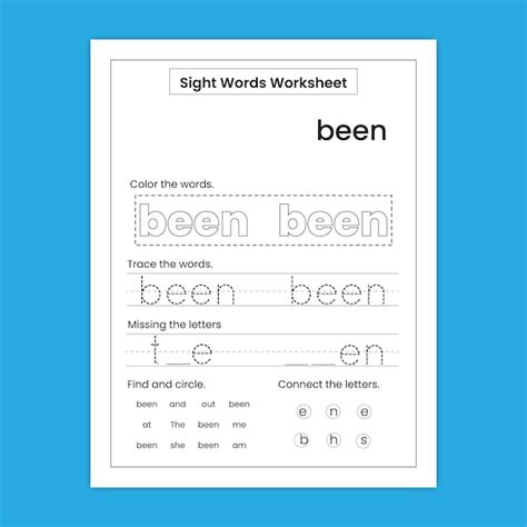 유치원 시력 단어 연습 워크시트 프리미엄 벡터